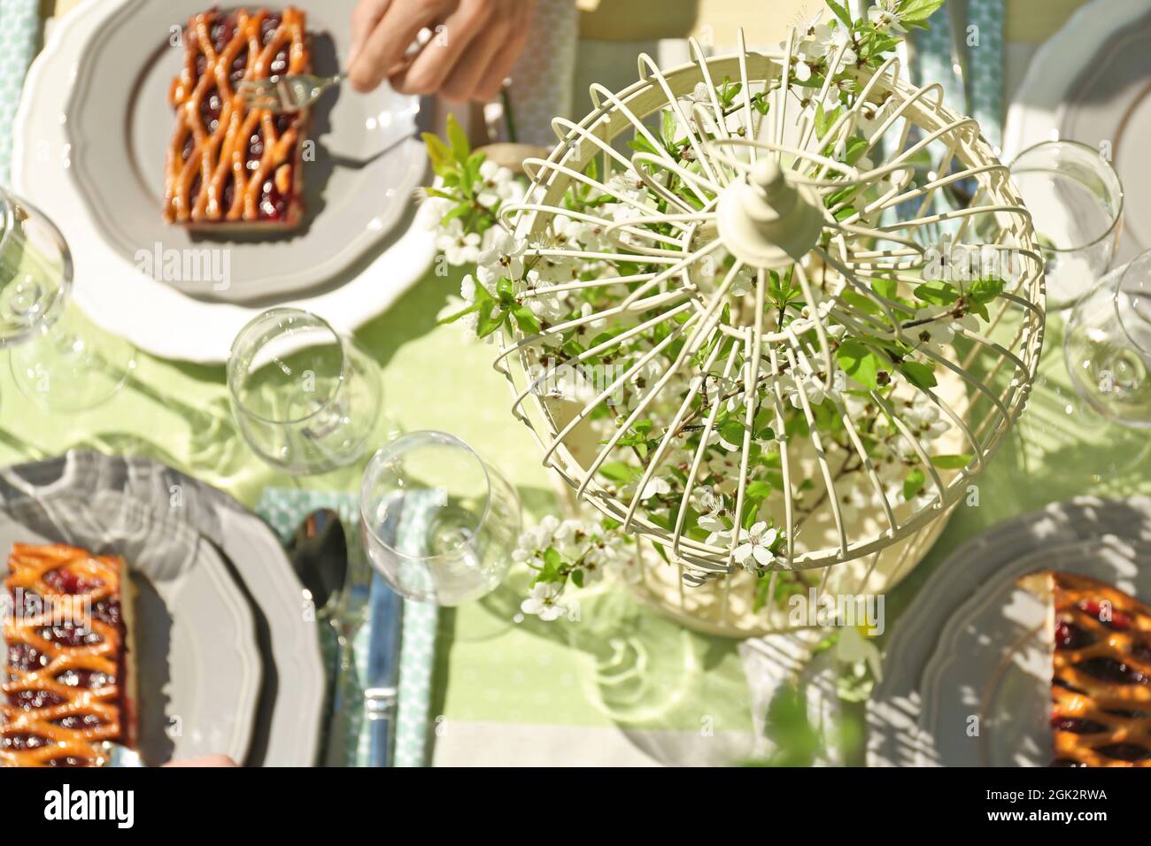 Decorative cage with blooming branch on served table Stock Photo - Alamy