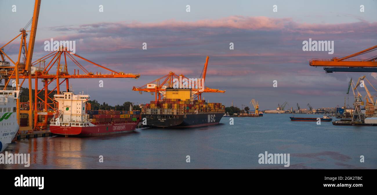 Baltic Container Terminal Gdynia in the light of the setting sun Stock ...