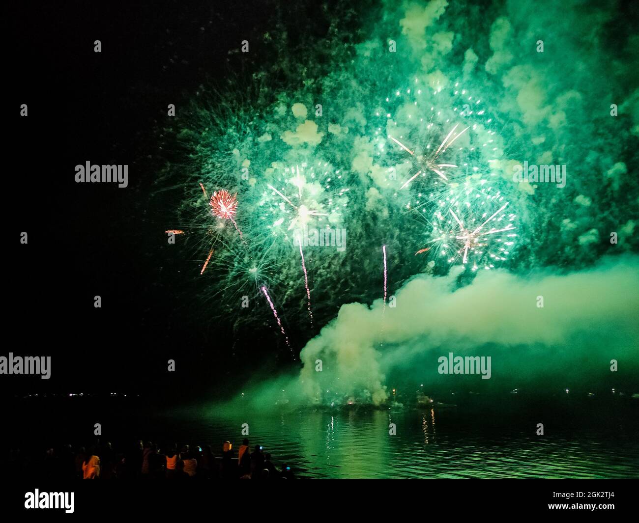 Firework in the sky at night in green colours - holiday celebration ...