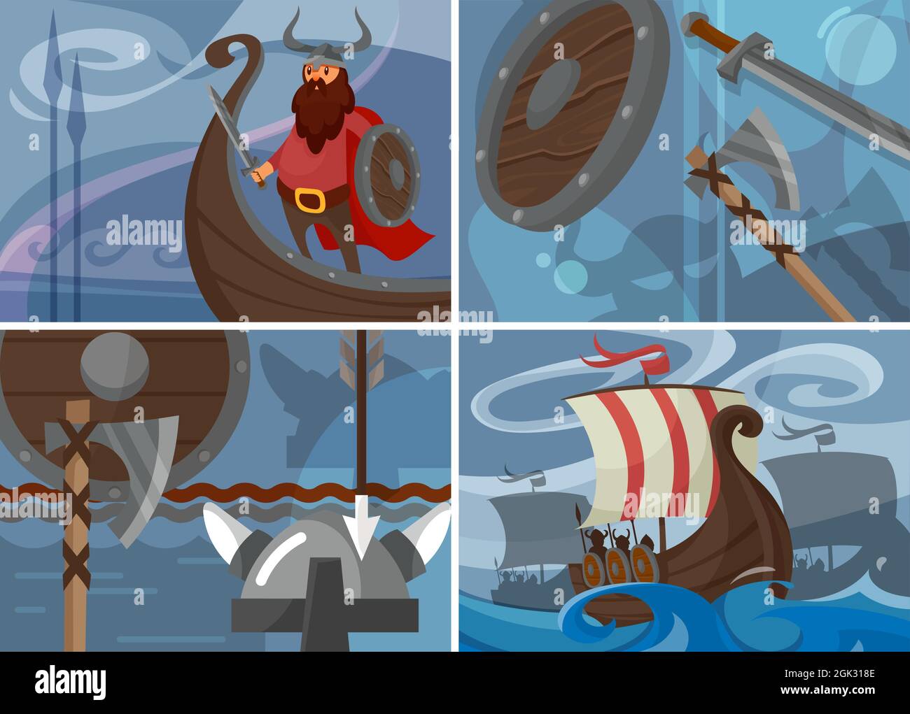 Collection of viking banners. Scandinavian placard designs in cartoon ...