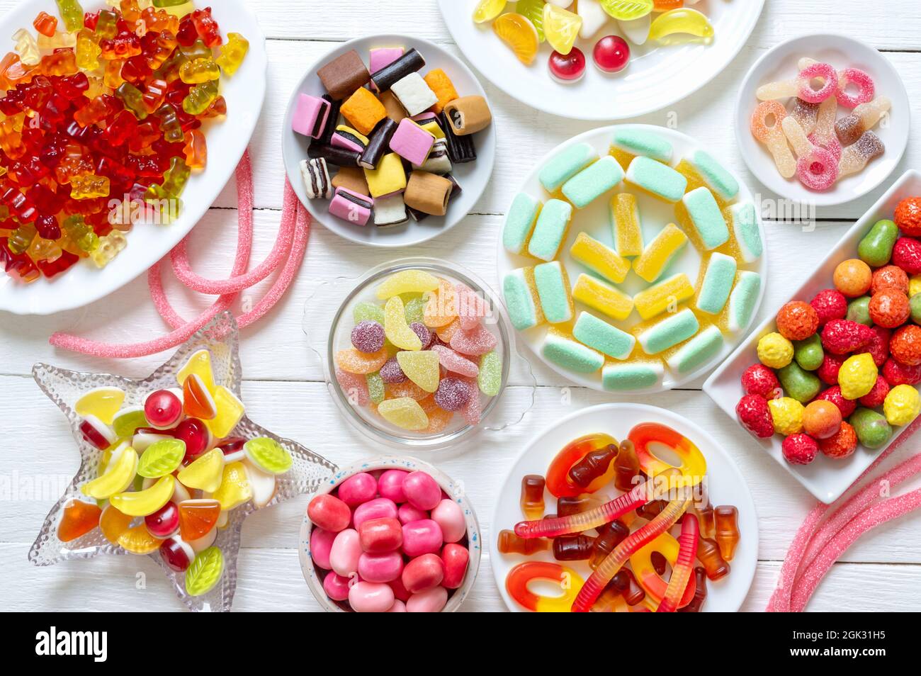 Assorted of different colorful chewy candies with fruit flavors, top ...