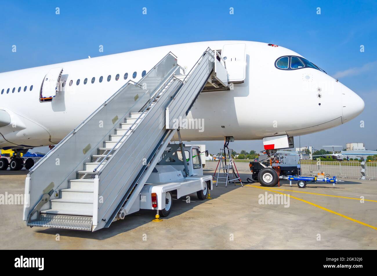 Ladder to the entrance of the aircraft in the parking lot at the ...