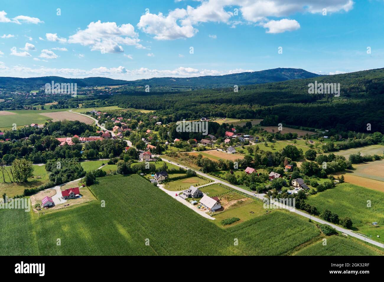 Mountain village with forests, bird eye view. Sleza mountain landscape ...