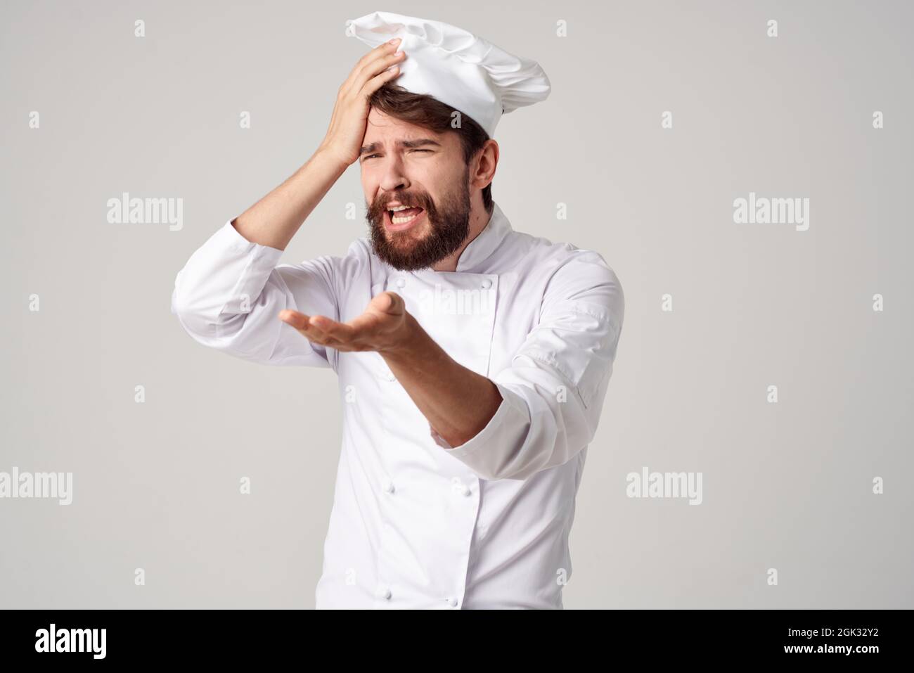 bearded man chef kitchen Job hand gestures isolated background Stock ...