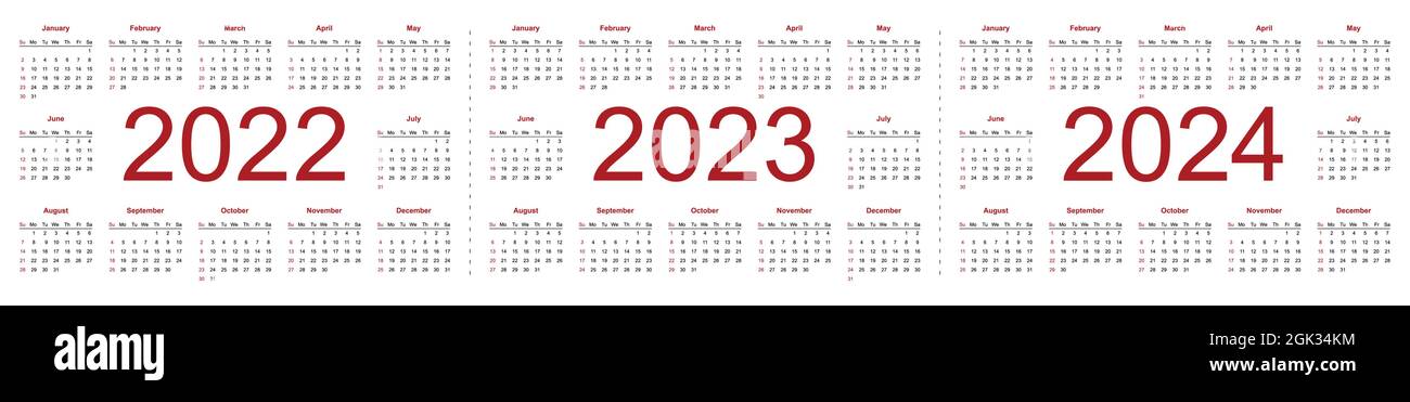Simple editable vector calendars for year 2022 2023 2024. Week starts ...