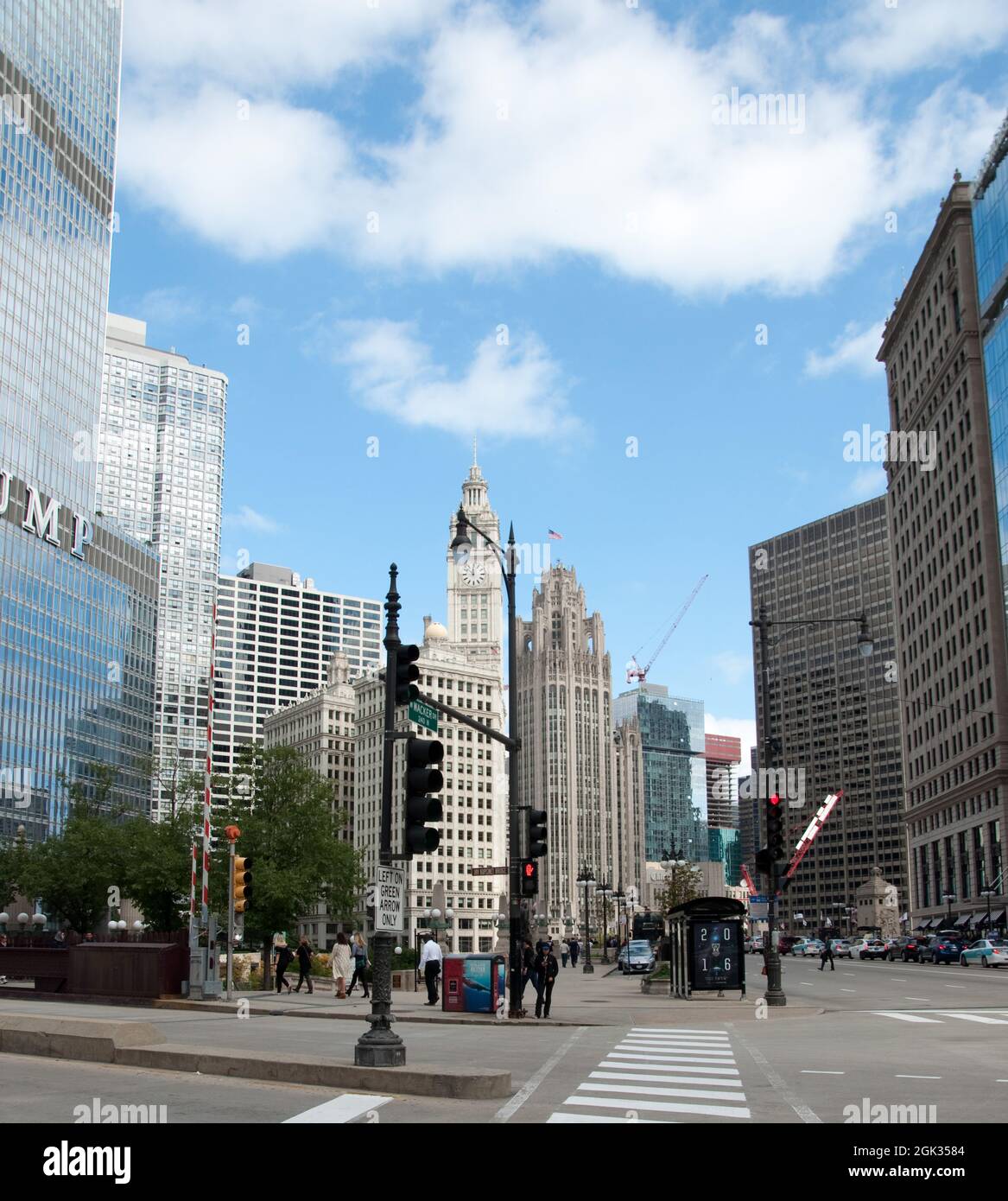 Skyscrapers, Chicago, Illinois, USA. Reflections in the glass of the skyscrapers, showing clouds ...