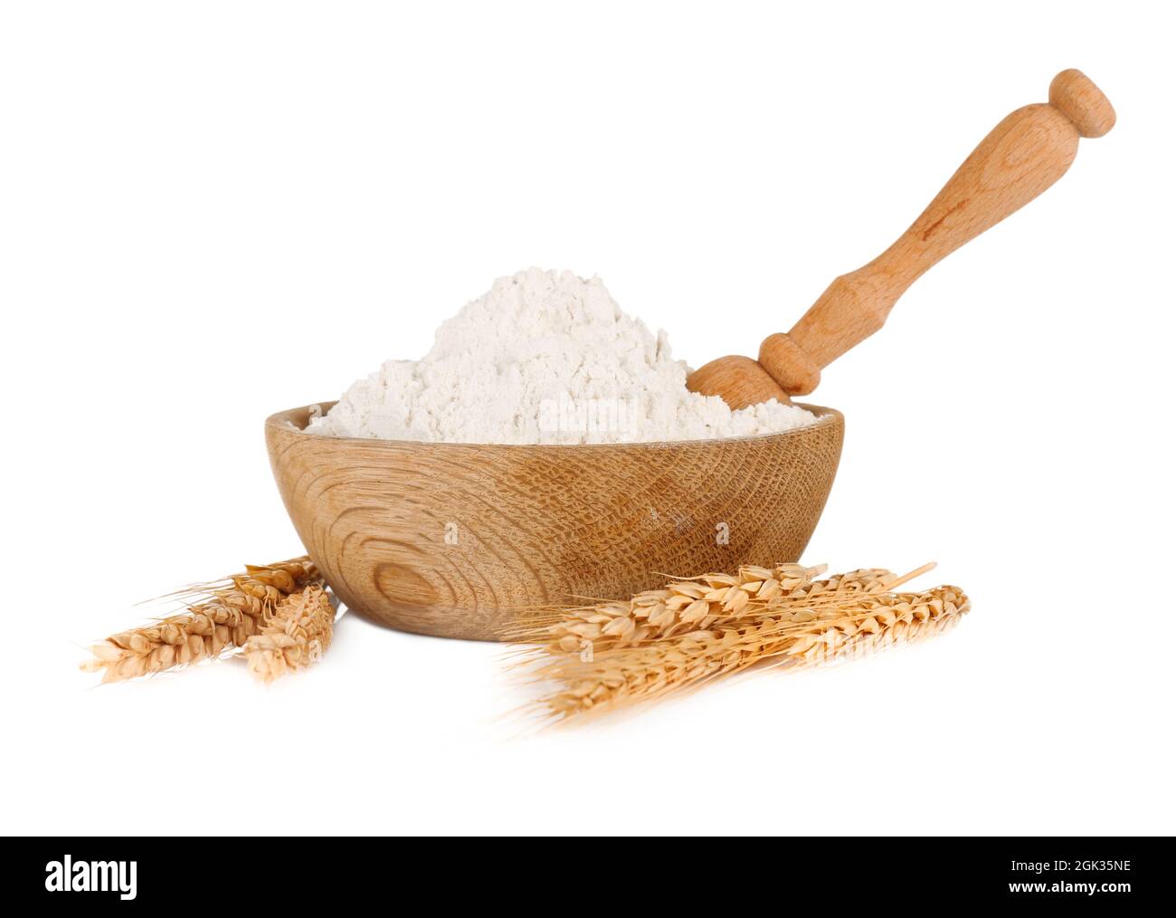 Wooden bowl with flour on white background Stock Photo - Alamy