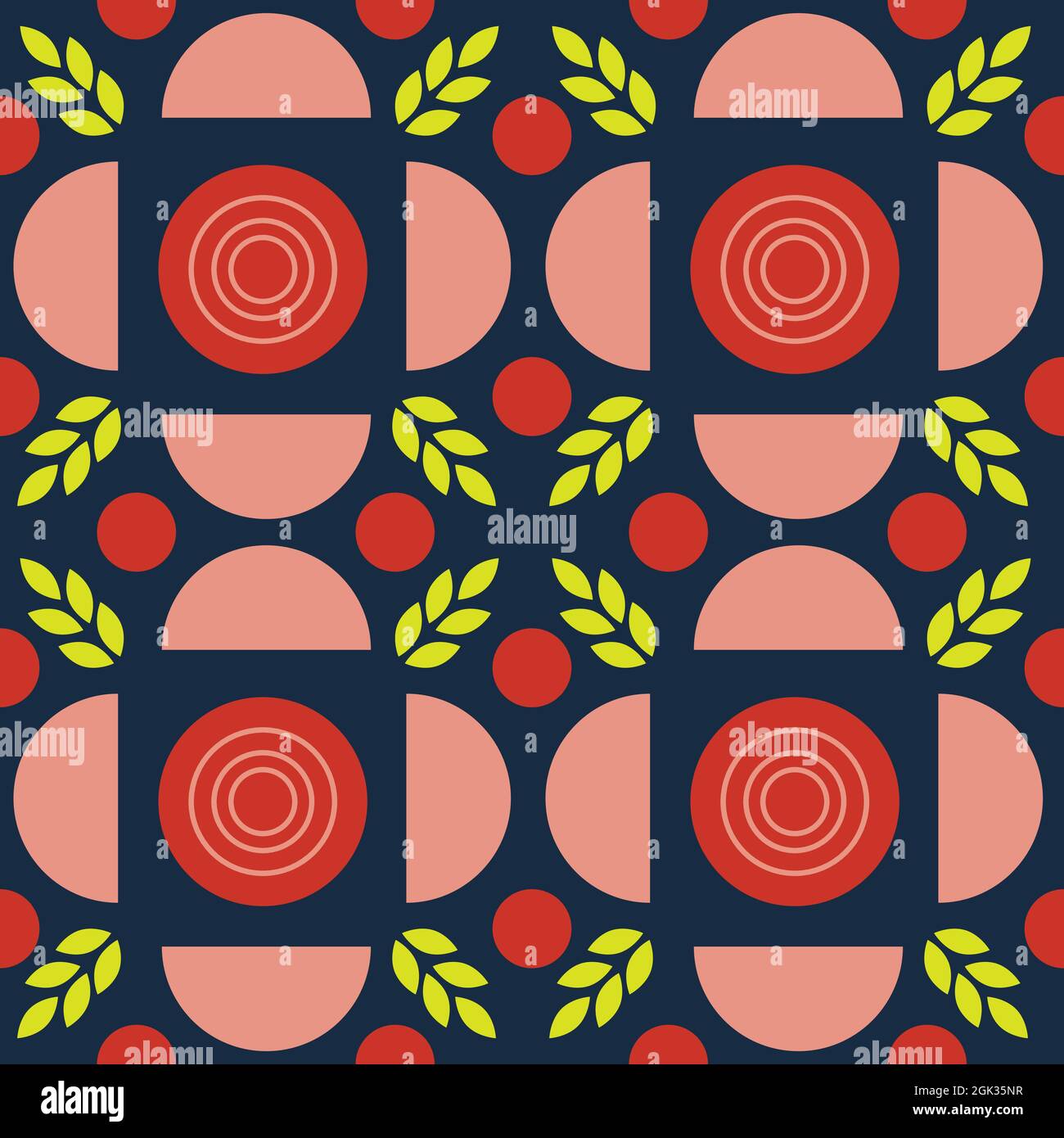 Pattern with circles and leaves on a dark background. Geometric shapes ...