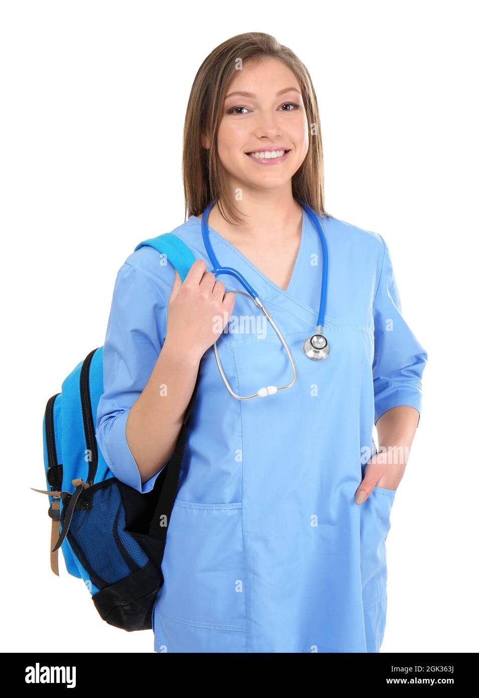 Beautiful young medical student on white background Stock Photo - Alamy