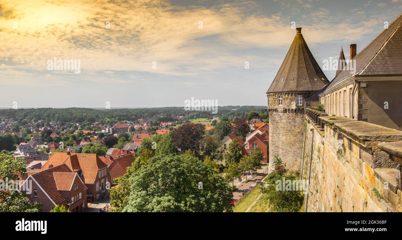 Panorama of colorful sky over the historic castle and city of Bad ...
