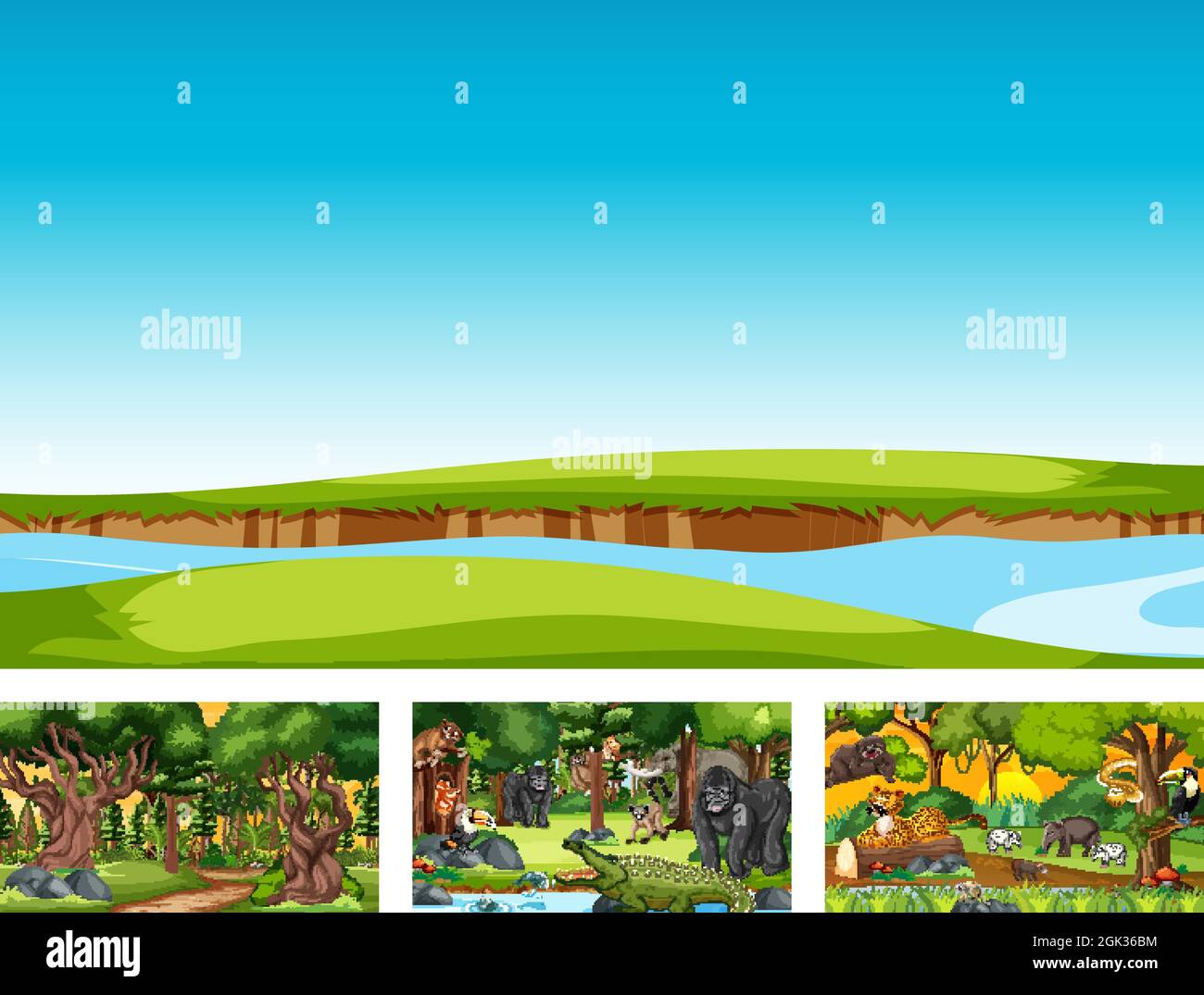 Set of different nature horizontal scene with various wild animals ...
