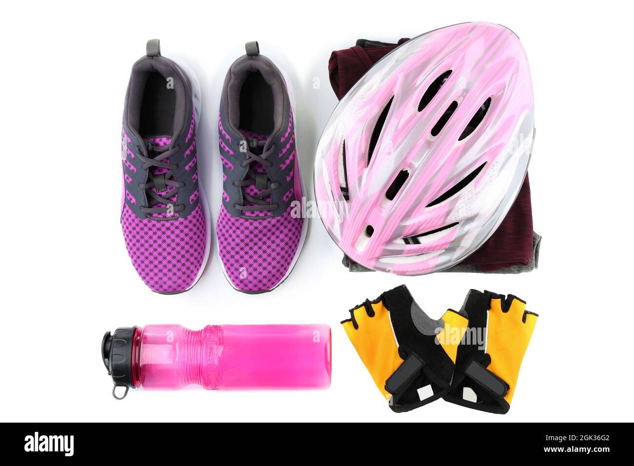 Bicycle accessories and biking clothes on white background Stock Photo ...