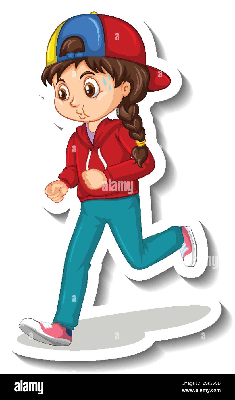 Cartoon character sticker with a girl jogging on white background ...