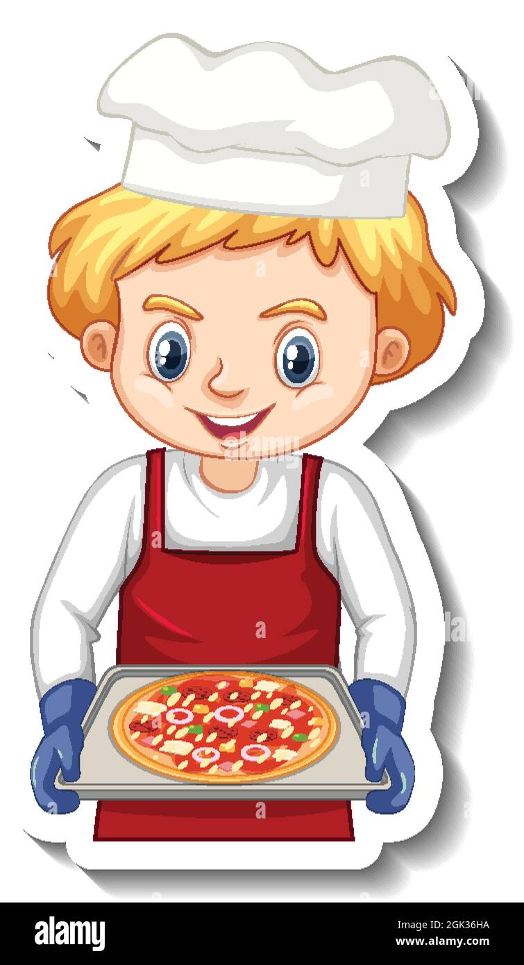 Sticker design with chef boy holding pizza tray illustration Stock ...