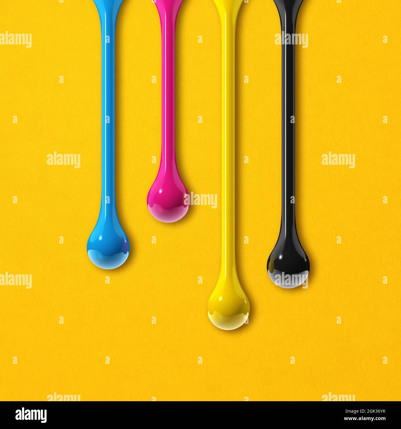 3D cmyk ink drops isolated on yellow paper background. square wallpaper ...