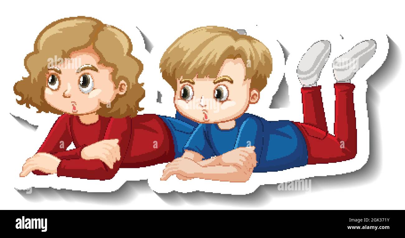 Couple children laying down cartoon character sticker illustration ...