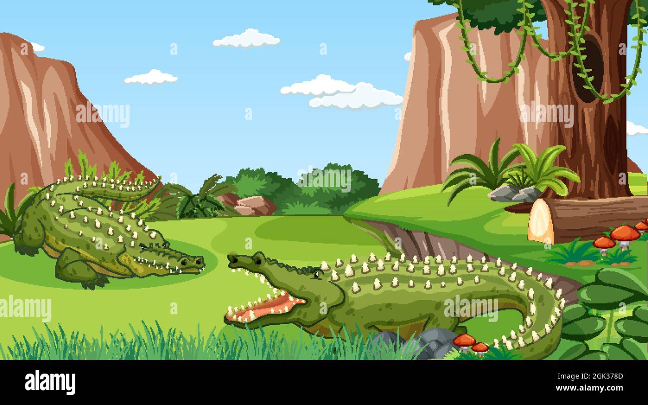 Crocodile in forest at daytime scene with many trees illustration Stock ...