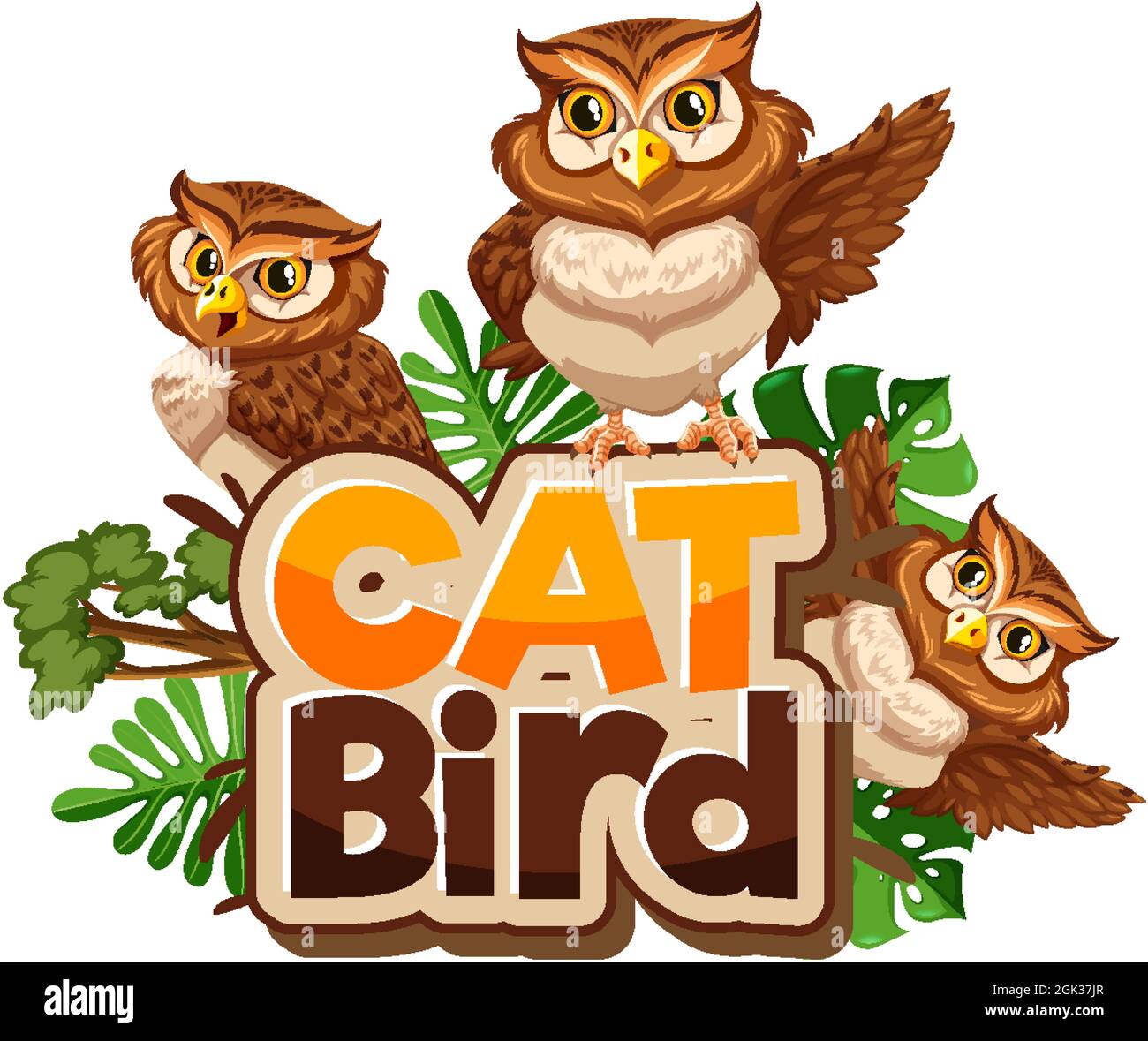 Many Owls cartoon character with Cat Bird font banner isolated ...