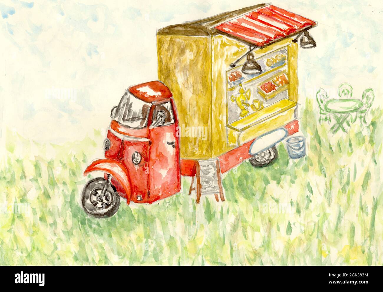 Food track, cafe on wheels, kiosk hand drawn illustration Stock Photo ...