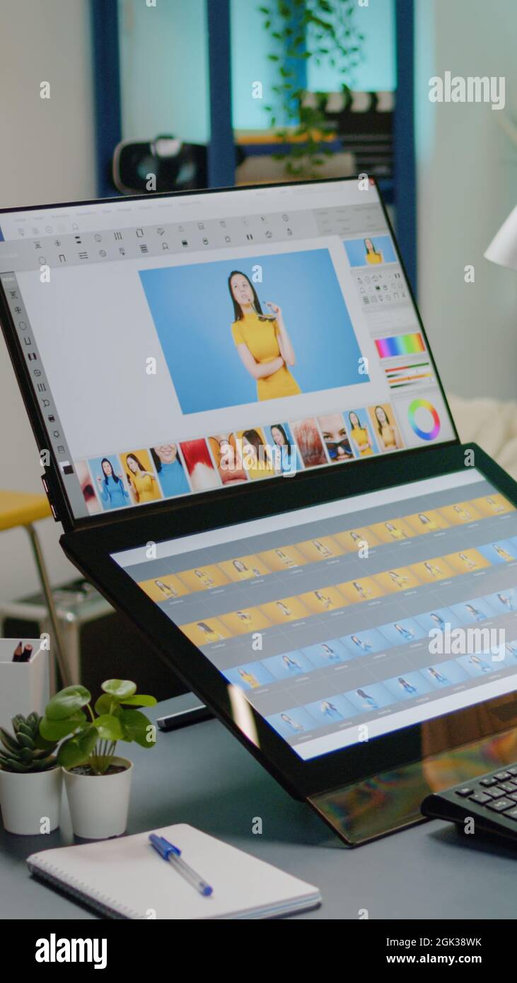 Nobody in editing studio with photo retouching equipment. Empty ...