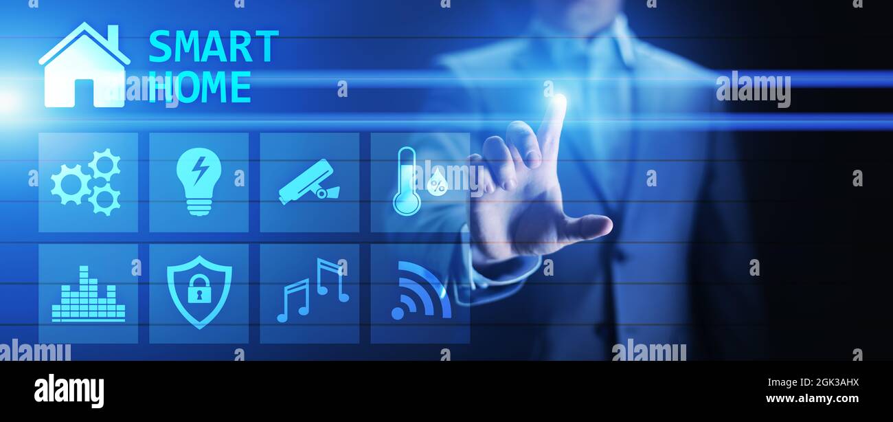 Smart home control panel on virtual screen. Internet of things, IOT ...