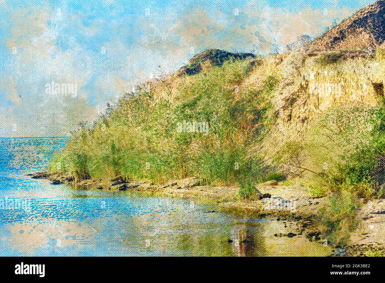 A precipitous seashore covered with green reeds. The shoreline s Stock ...