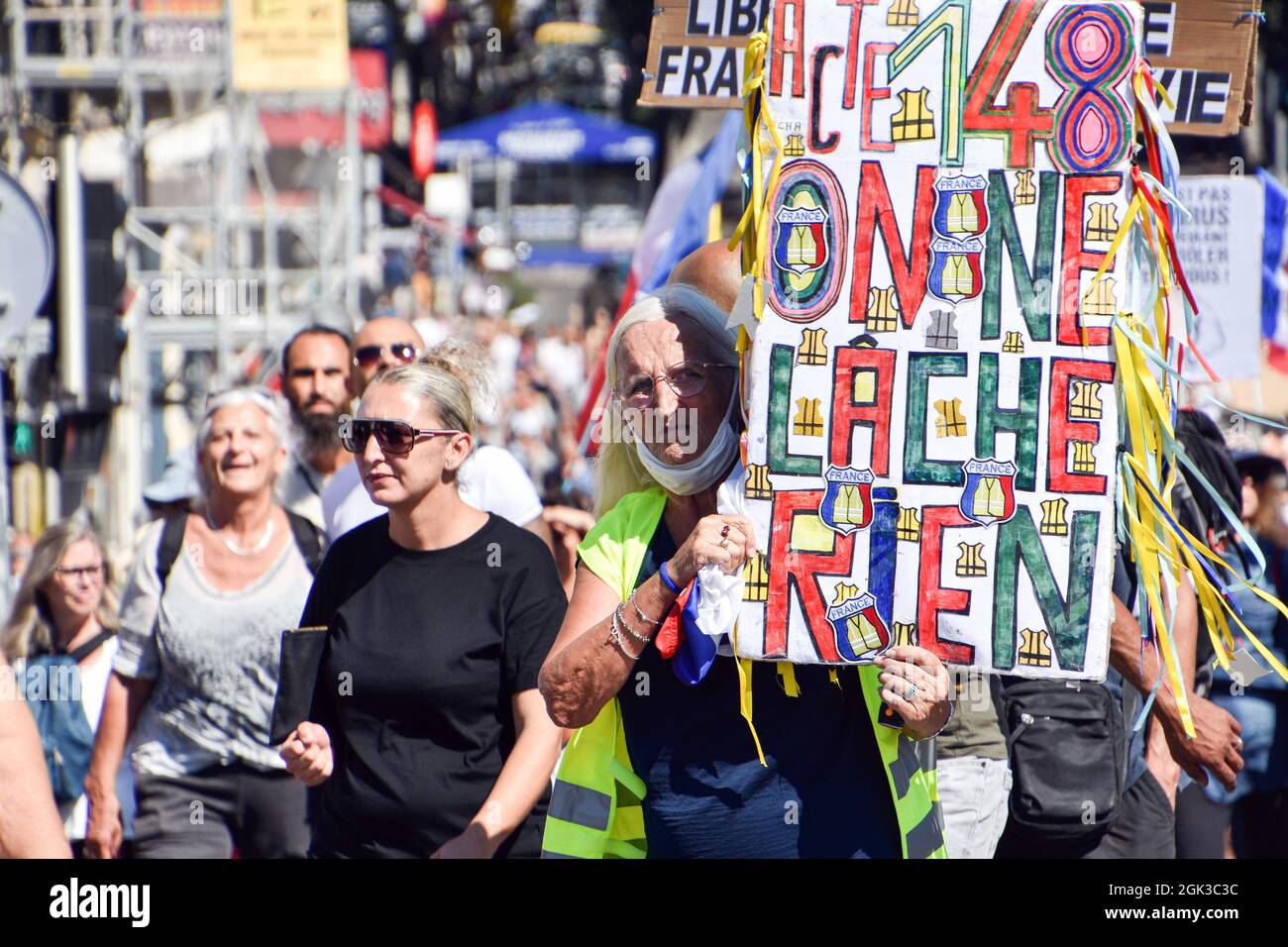 Marseille, France. 11th Sep, 2021. A protester holds a placard during ...