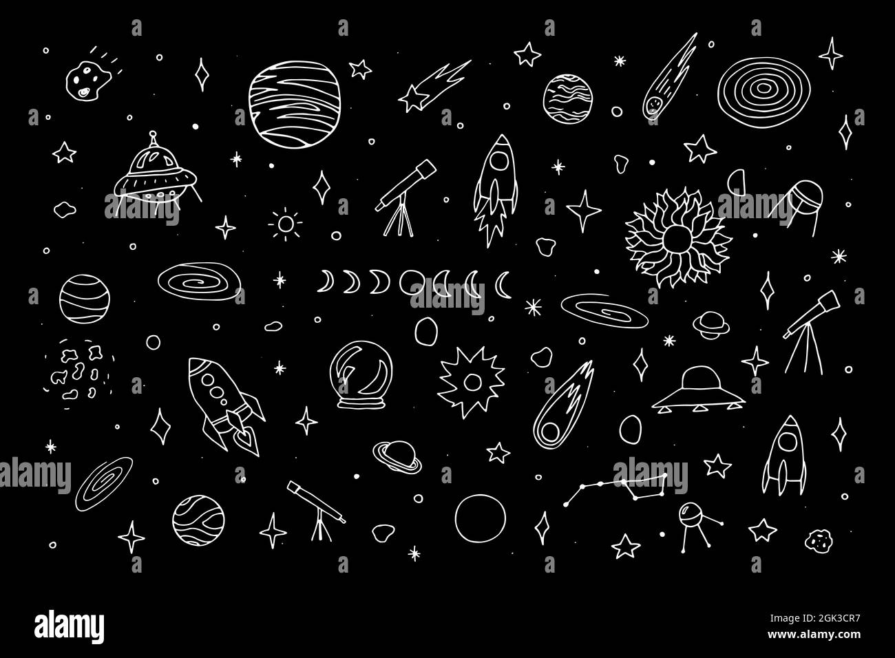 Space doodle set. White Planet, rockets, stars, comets, ufo, asteroid ...