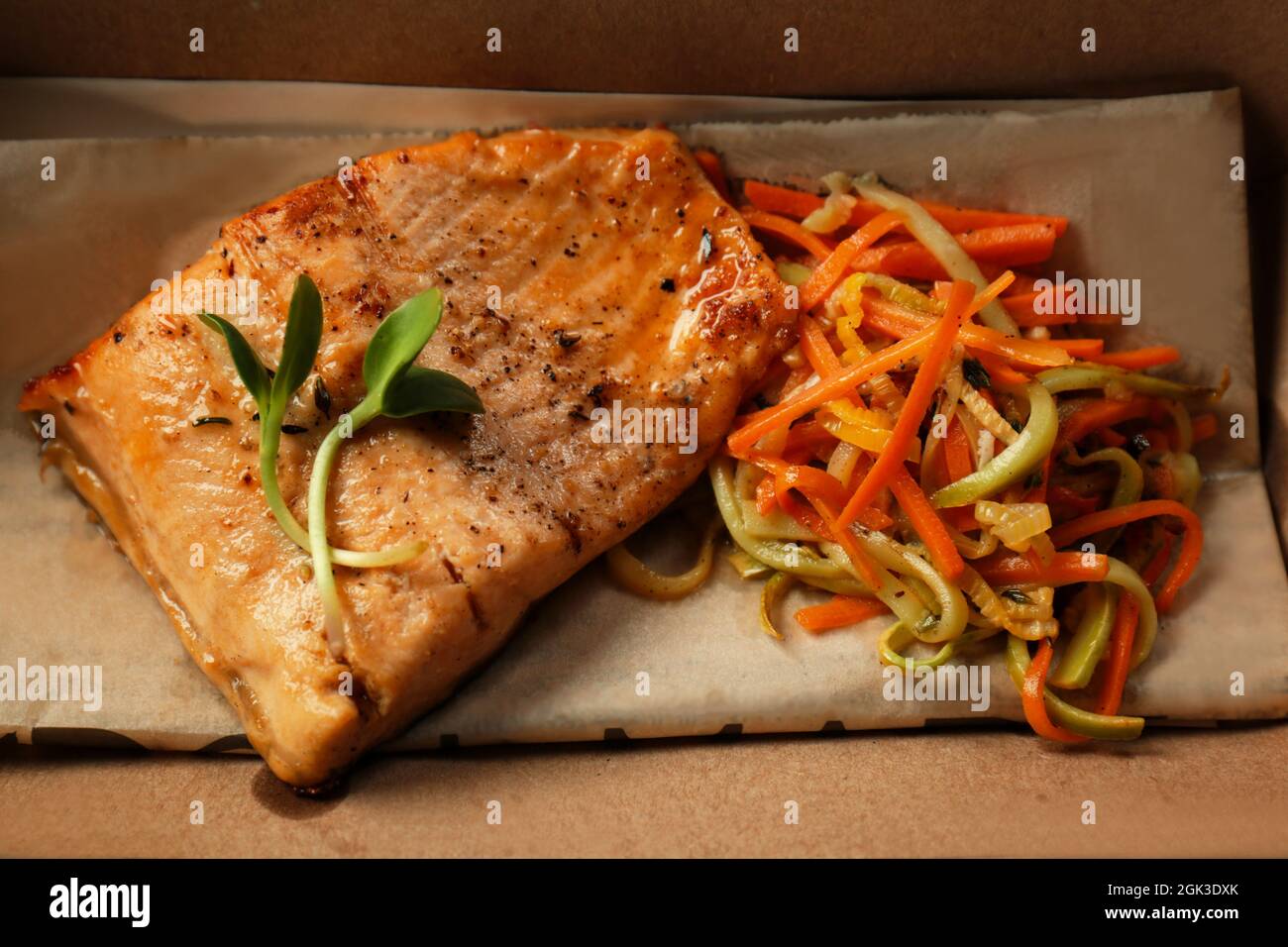 Cardboard box with delicious fish and vegetables, closeup Stock Photo ...