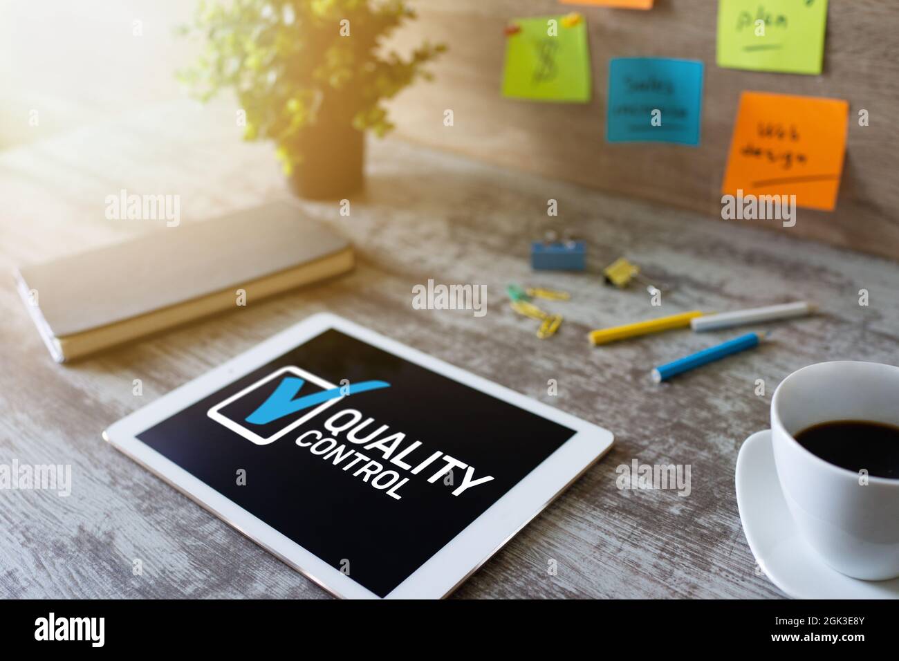 Quality control check box on device screen. Standards and certification ...