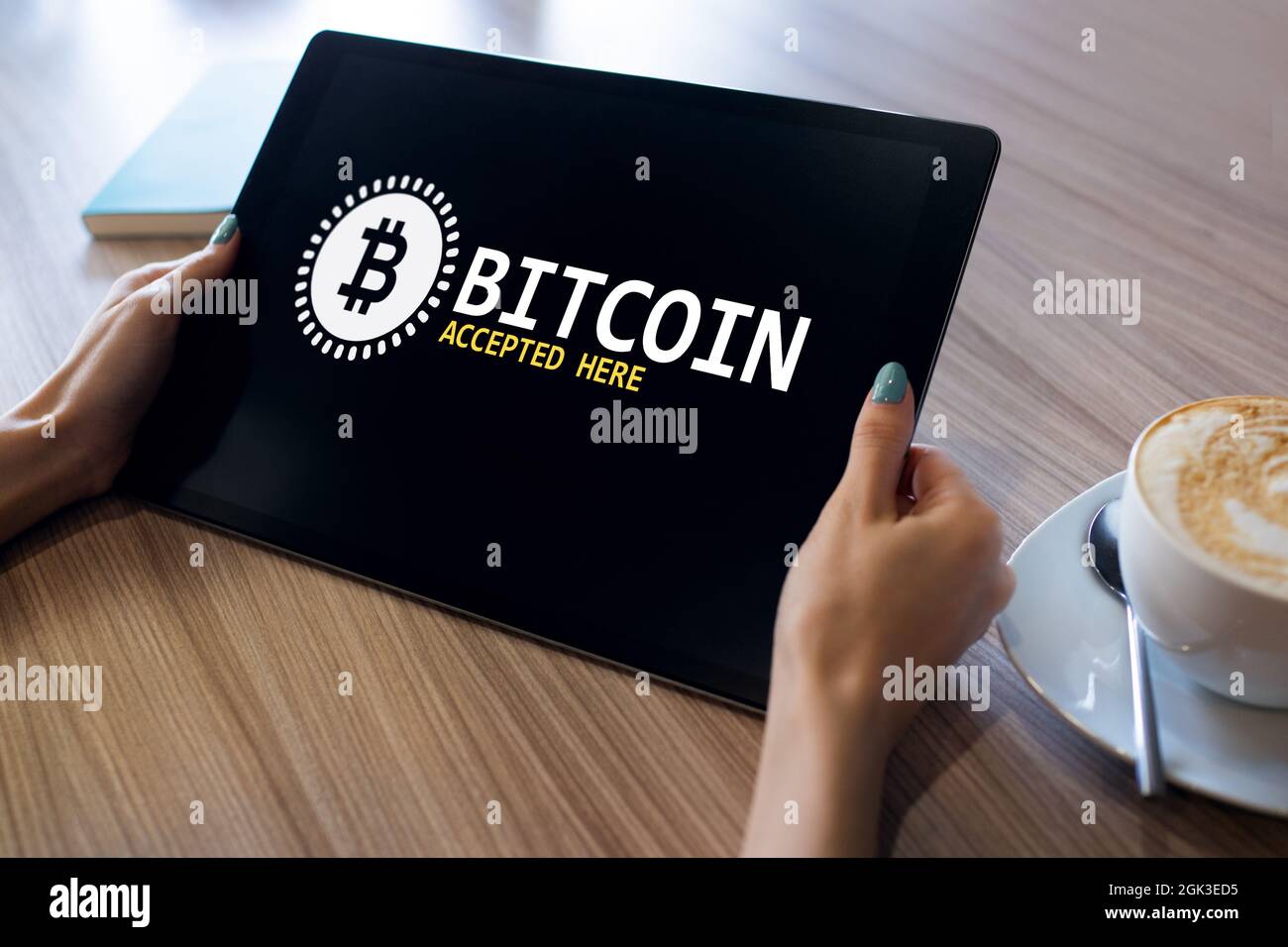 Bitcoin accepted here sign on screen. E-payment, Cryptocurrency and ...