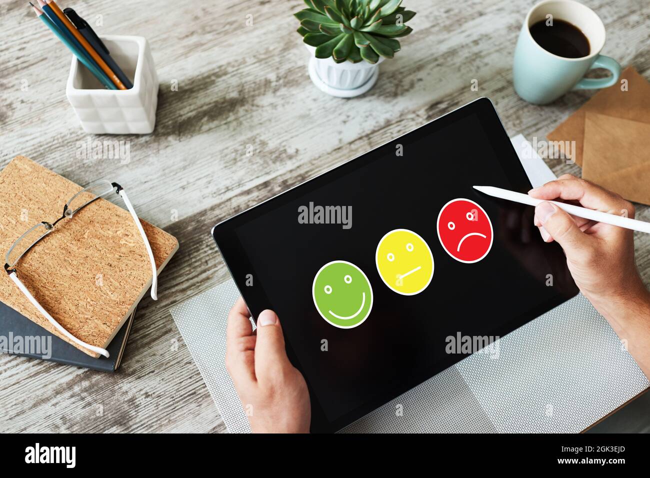Colored smiles. Customer satisfaction control on device screen. Service ...