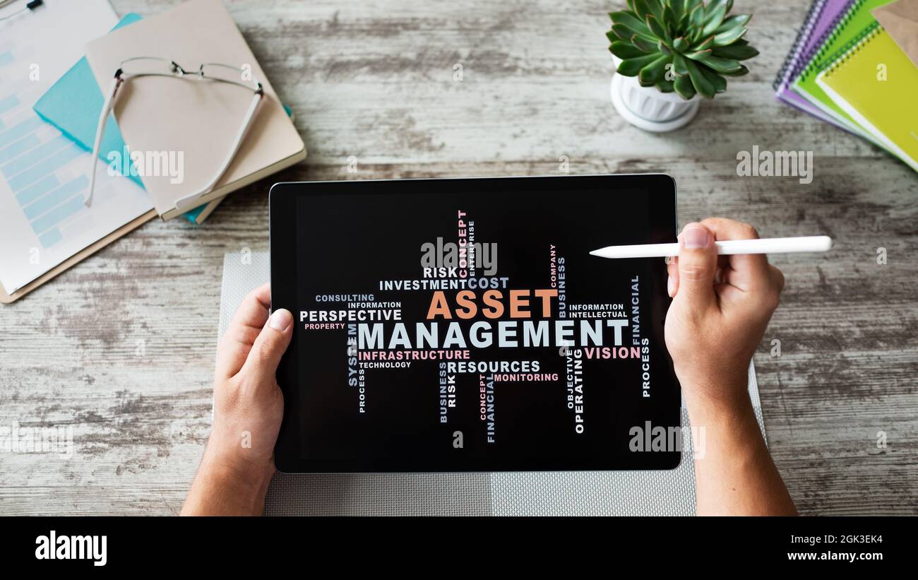 Asset management words cloud on screen. FInancial and Business concept ...