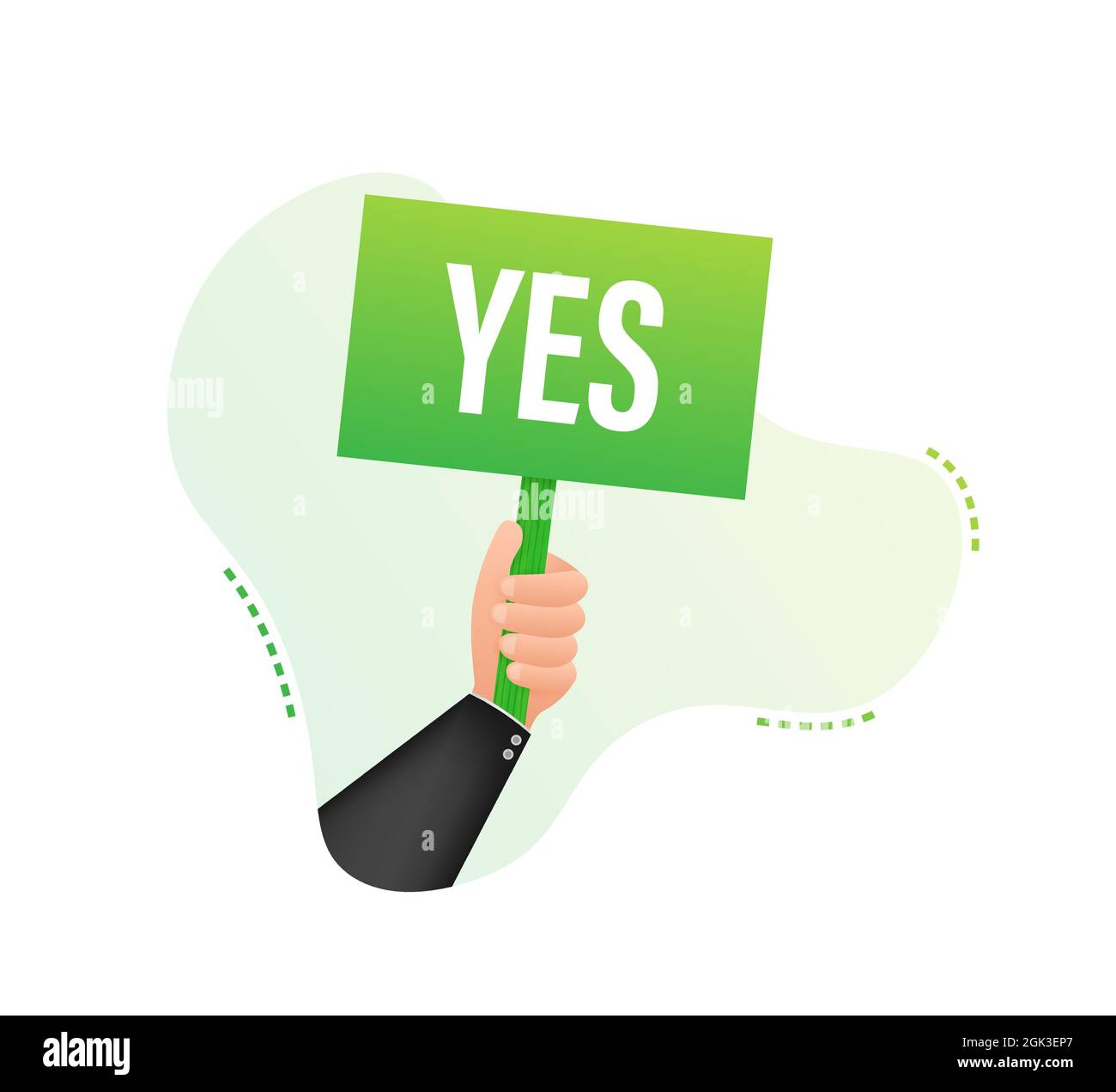 Hand holds sign with green yes tick. Satisfaction, acceptance. Vector ...