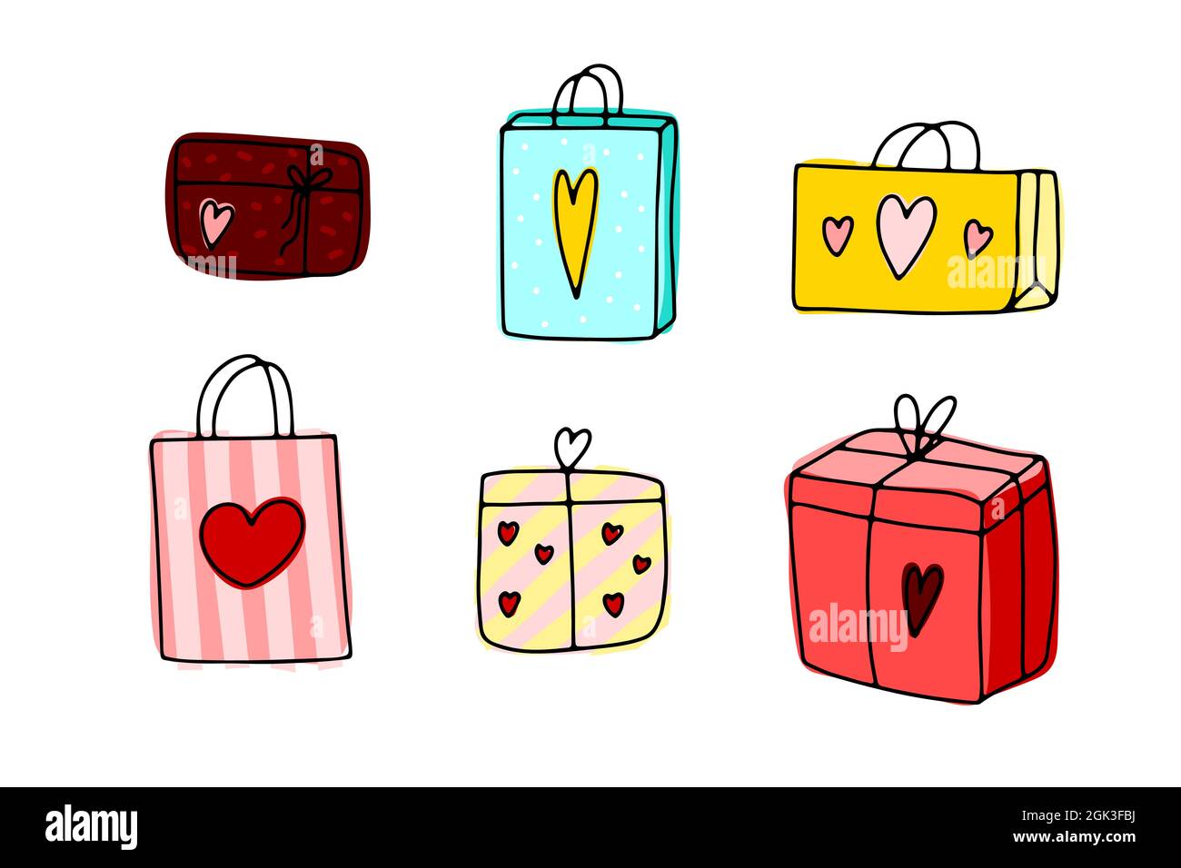 Cute doodle Gifts set. Hand-drawn color presents bag isolated on white ...