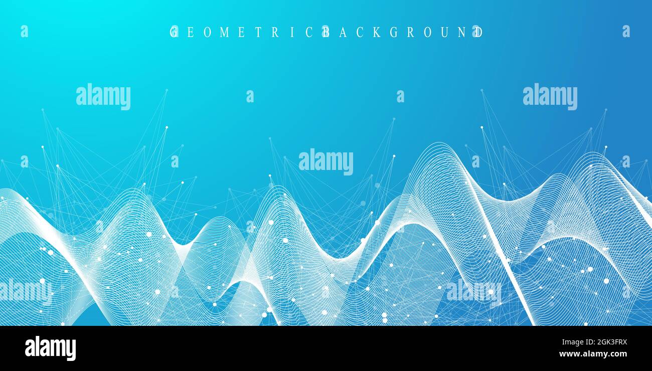 Digits abstract background with connected line and dots, wave flow. Digital neural networks ...