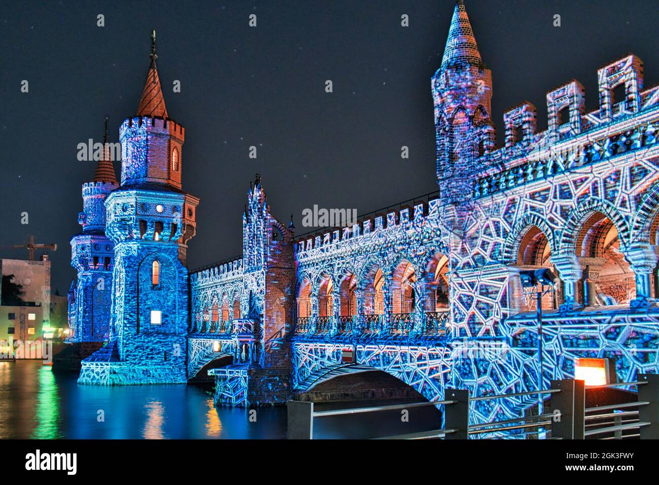 the Oberbaumbrücke in Berlin 2021 to the festival of lights. The bridge ...