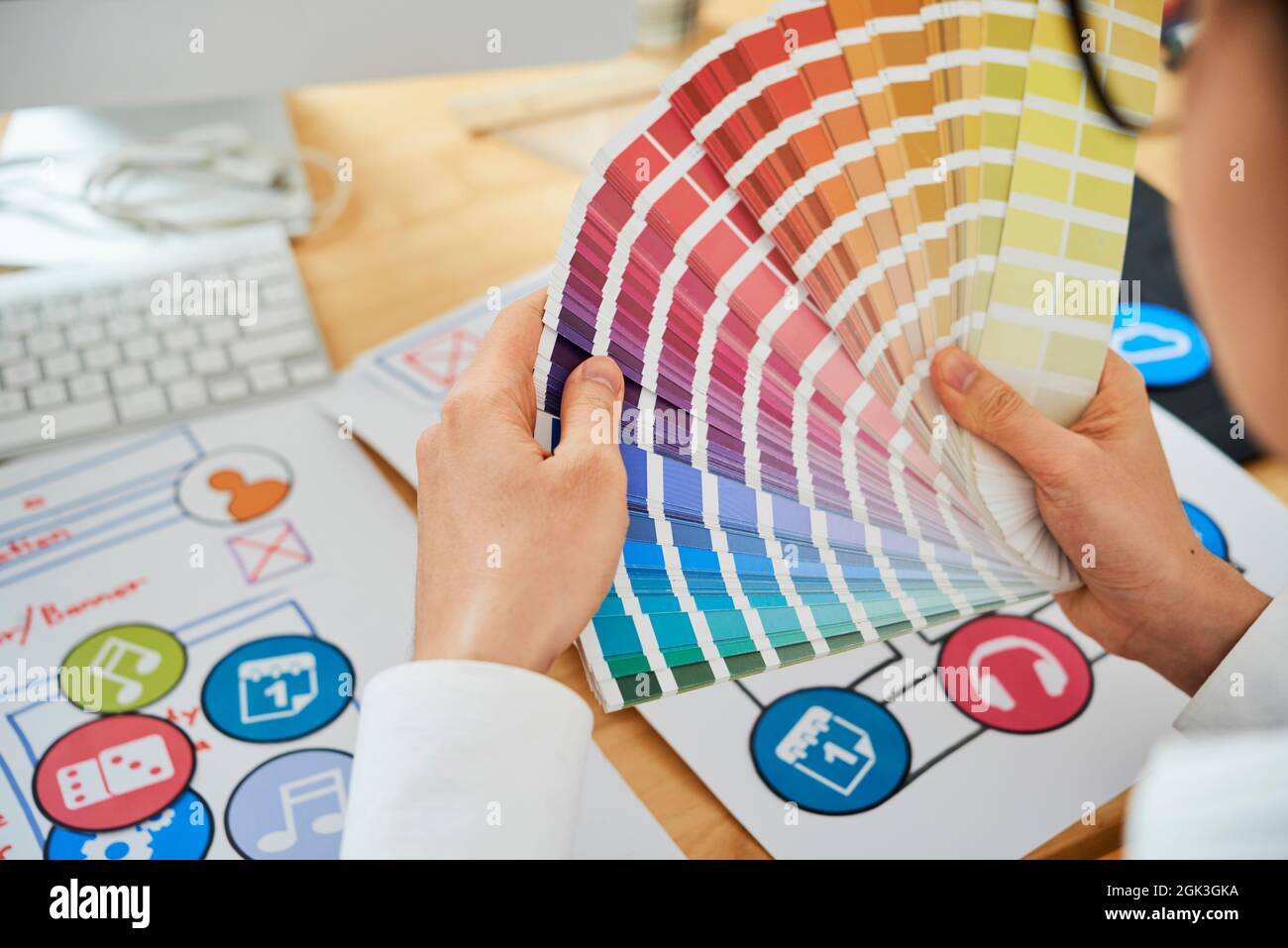 Close-up image of graphic designer working with color palette and ...