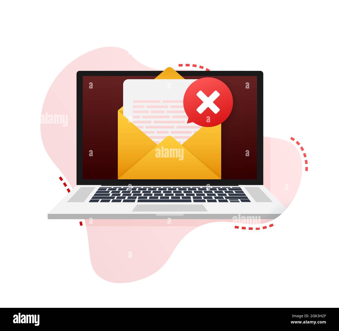 Opened envelope and document with red cross mark. Verification email ...