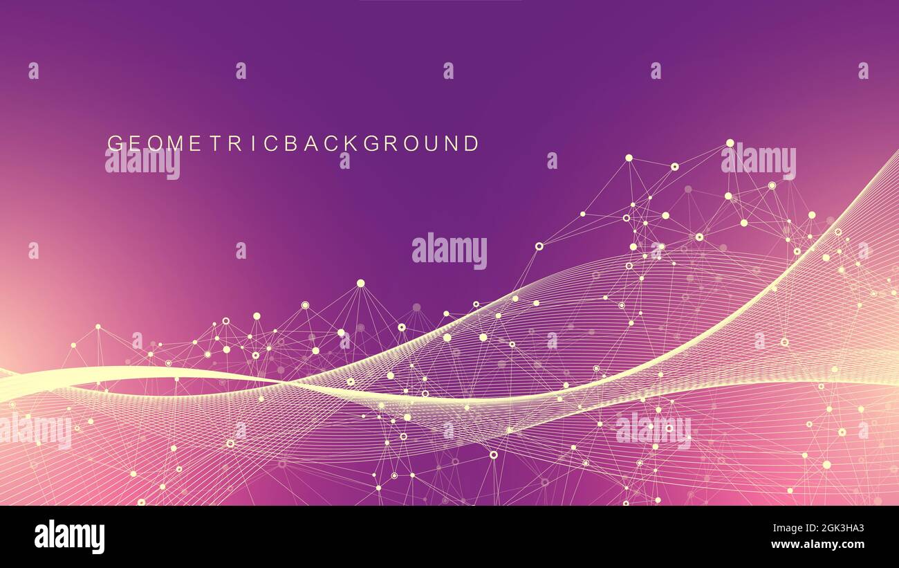 Digits abstract background with connected line and dots, wave flow. Digital neural networks ...