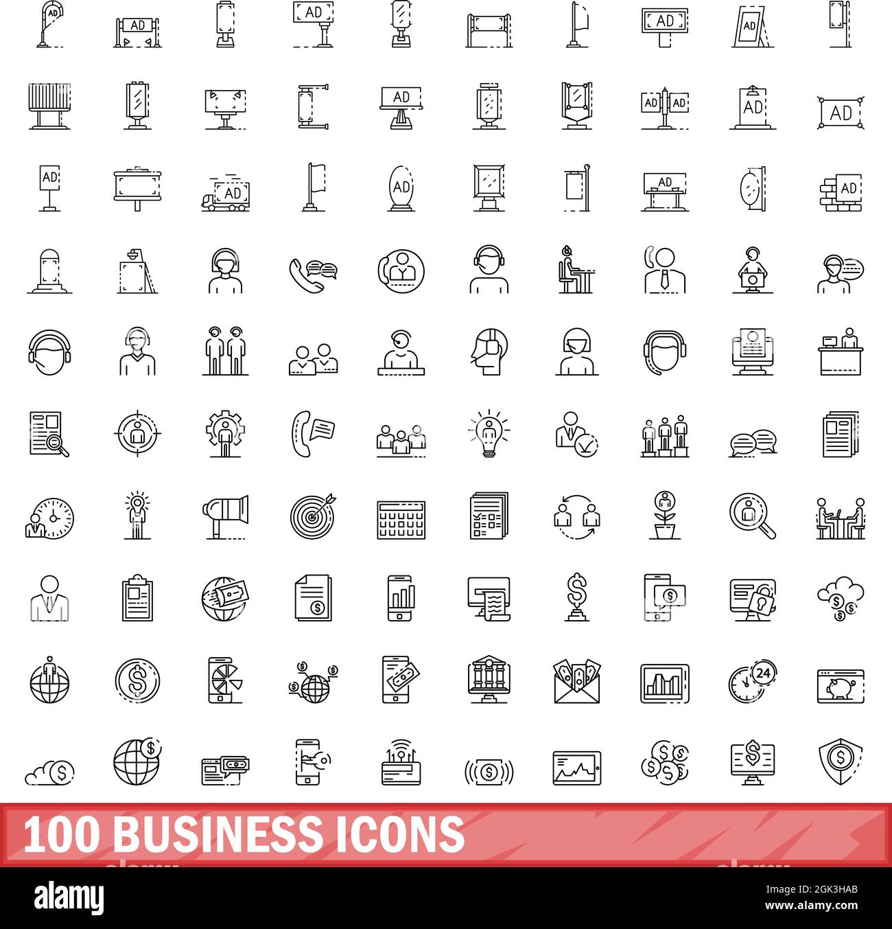 100 business icons set. Outline illustration of 100 business icons ...