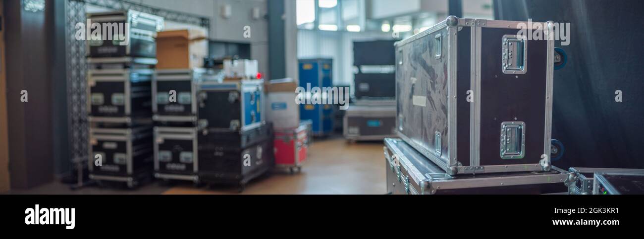 preparation for the concert. Equipment boxes Stock Photo - Alamy