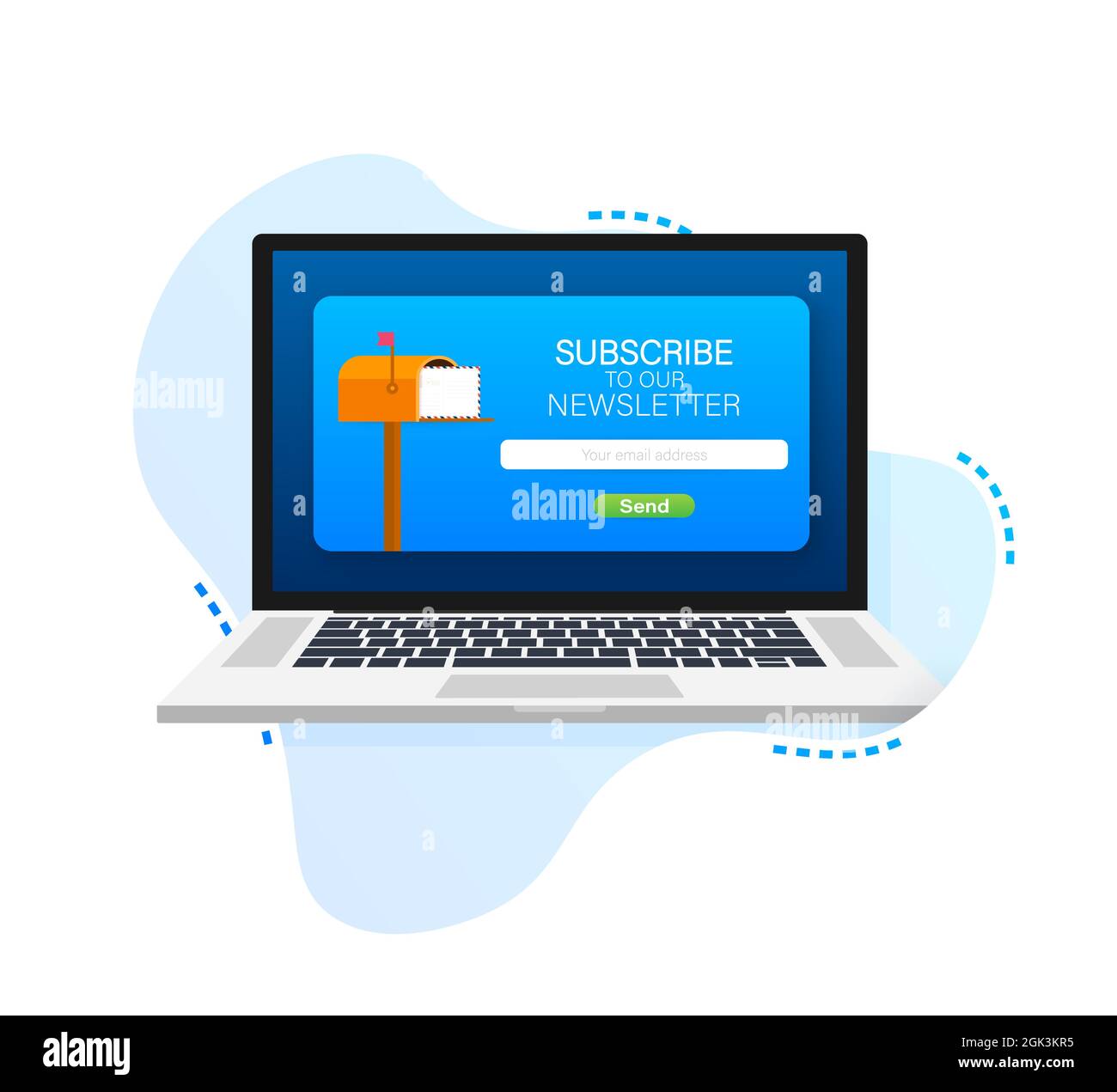 Email subscribe on laptop screen, online newsletter vector template with mailbox and submit ...