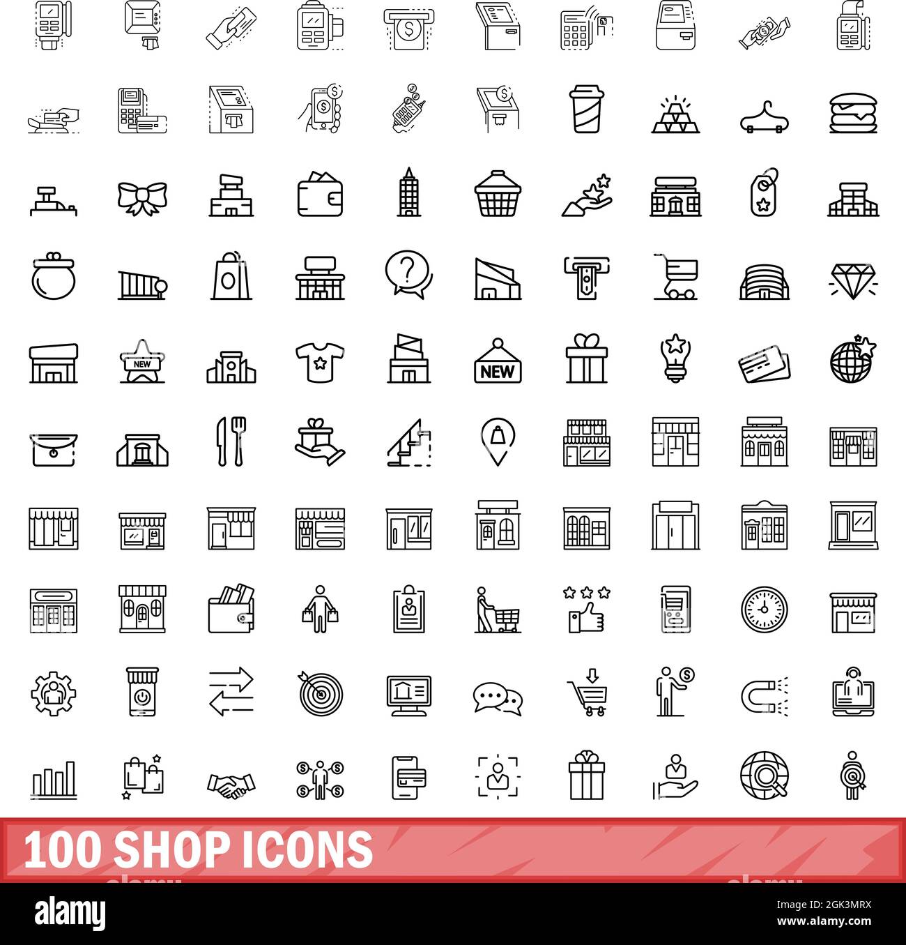 100 shop icons set. Outline illustration of 100 shop icons vector set ...