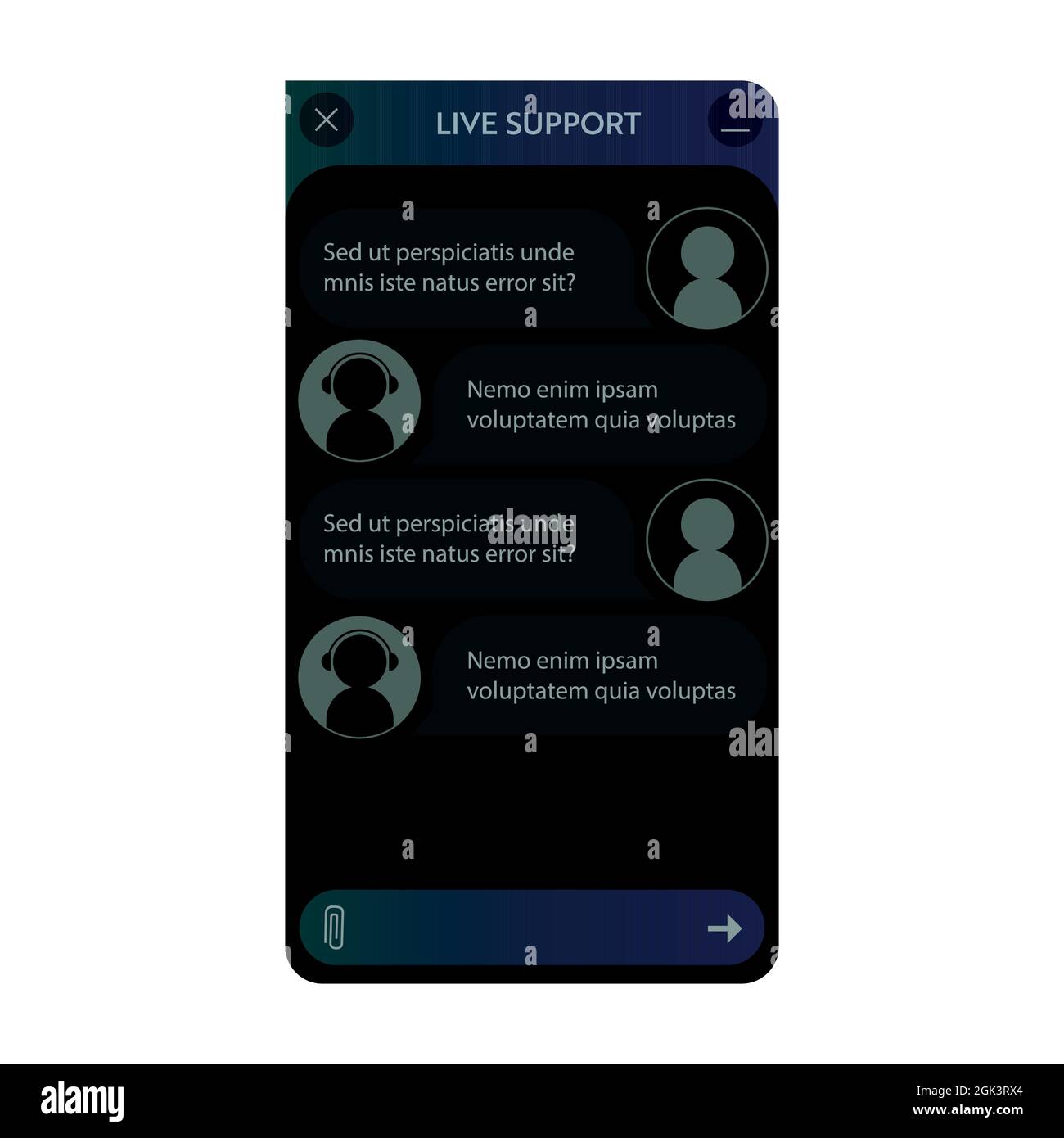 Chat bot window. Dark Night mode. User interface of application with online dialogue ...