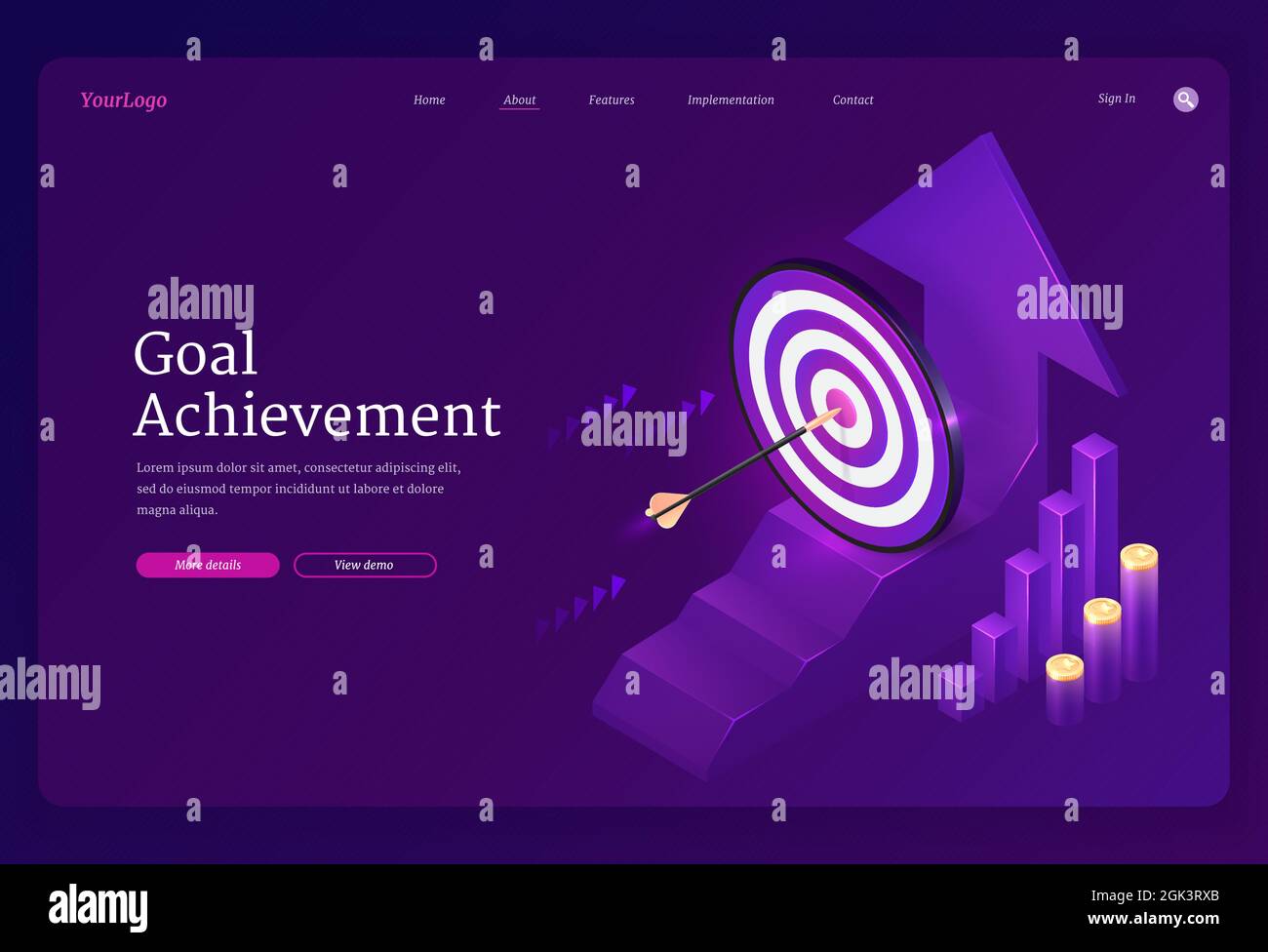 Goal achievement isometric landing page. Business target strategy ...
