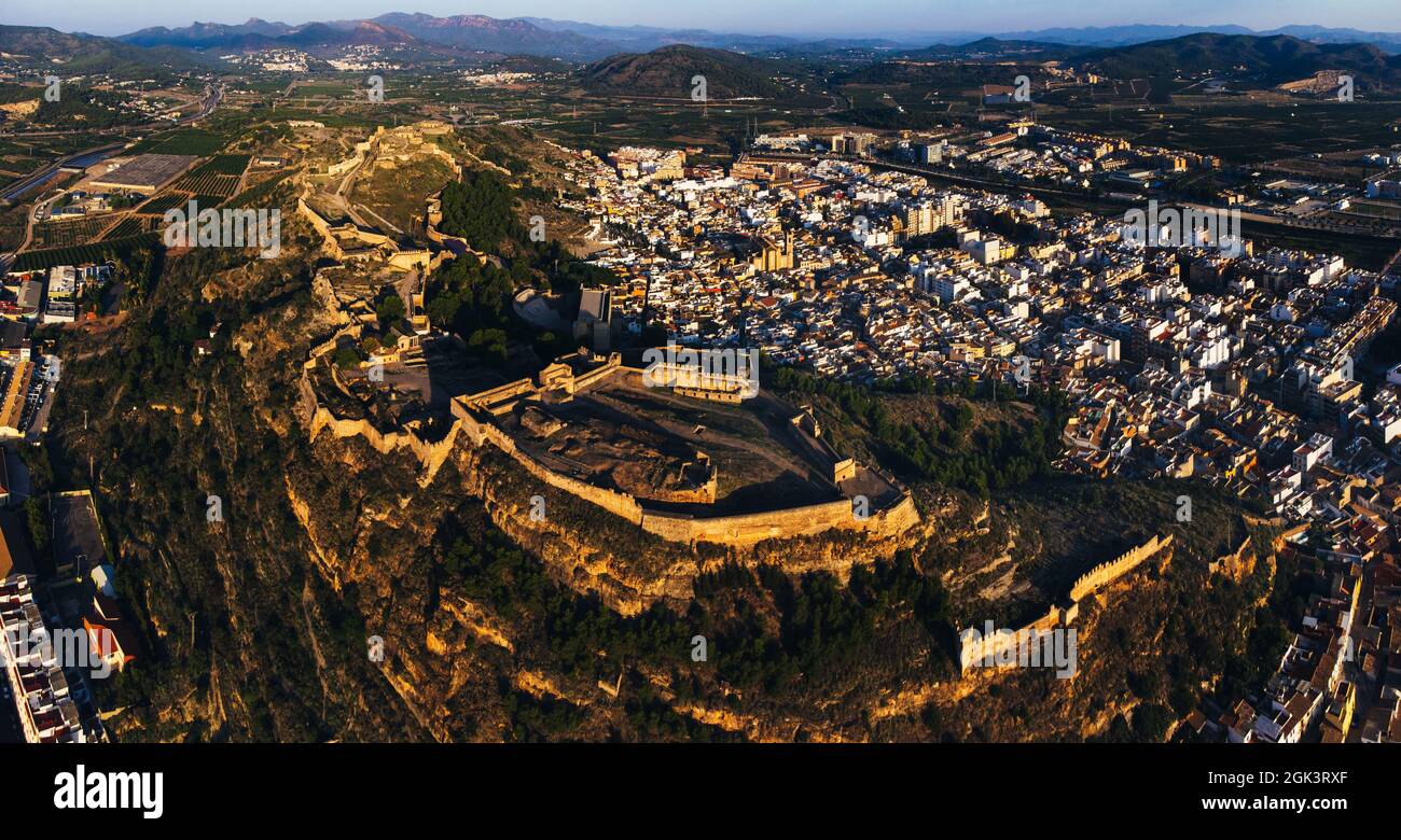 Aerial panoramic view of the castle of Sagunto with the city in the ...