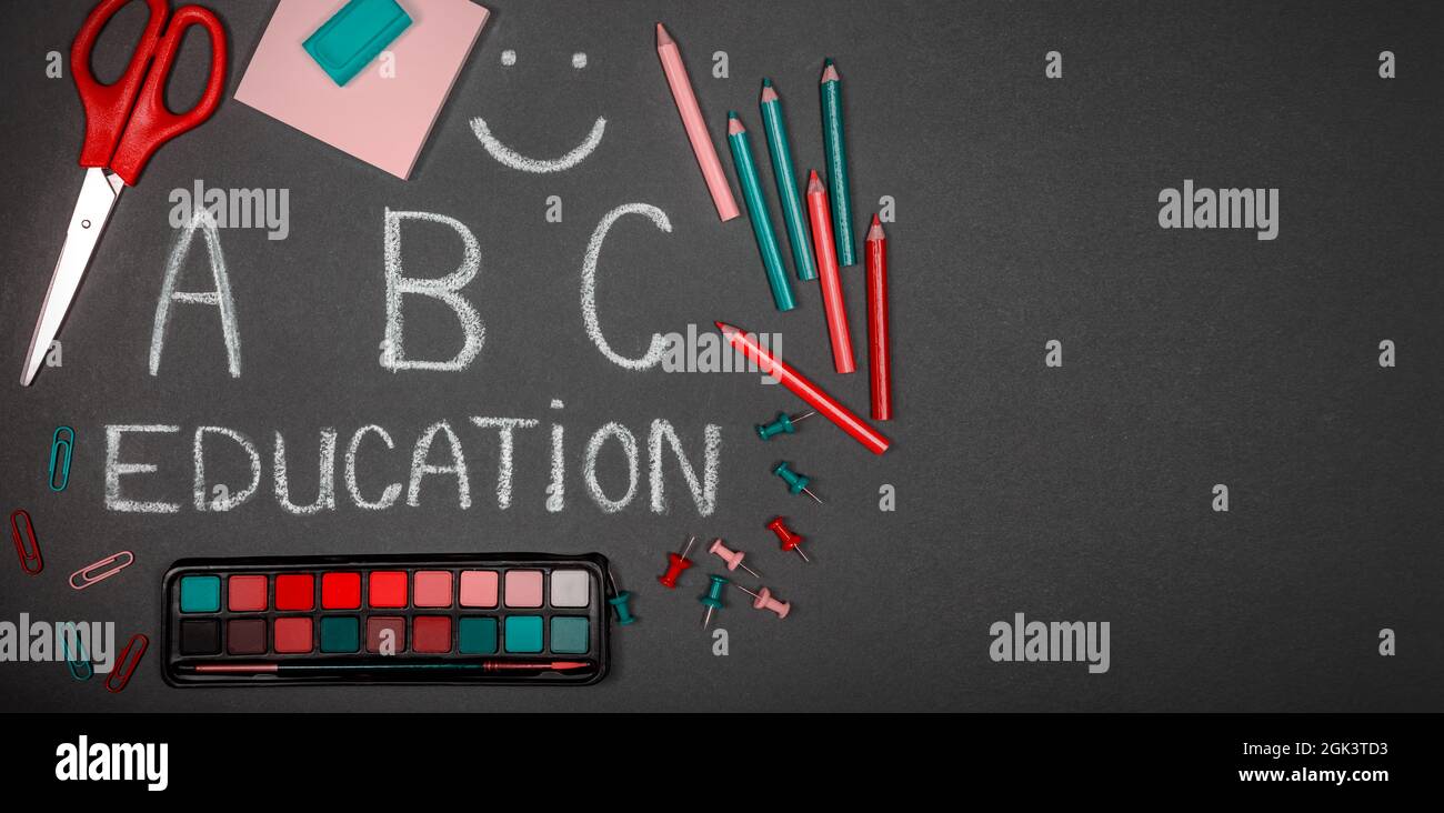 School Background with Text Space. Black Grey Chalkboard with Words and ...