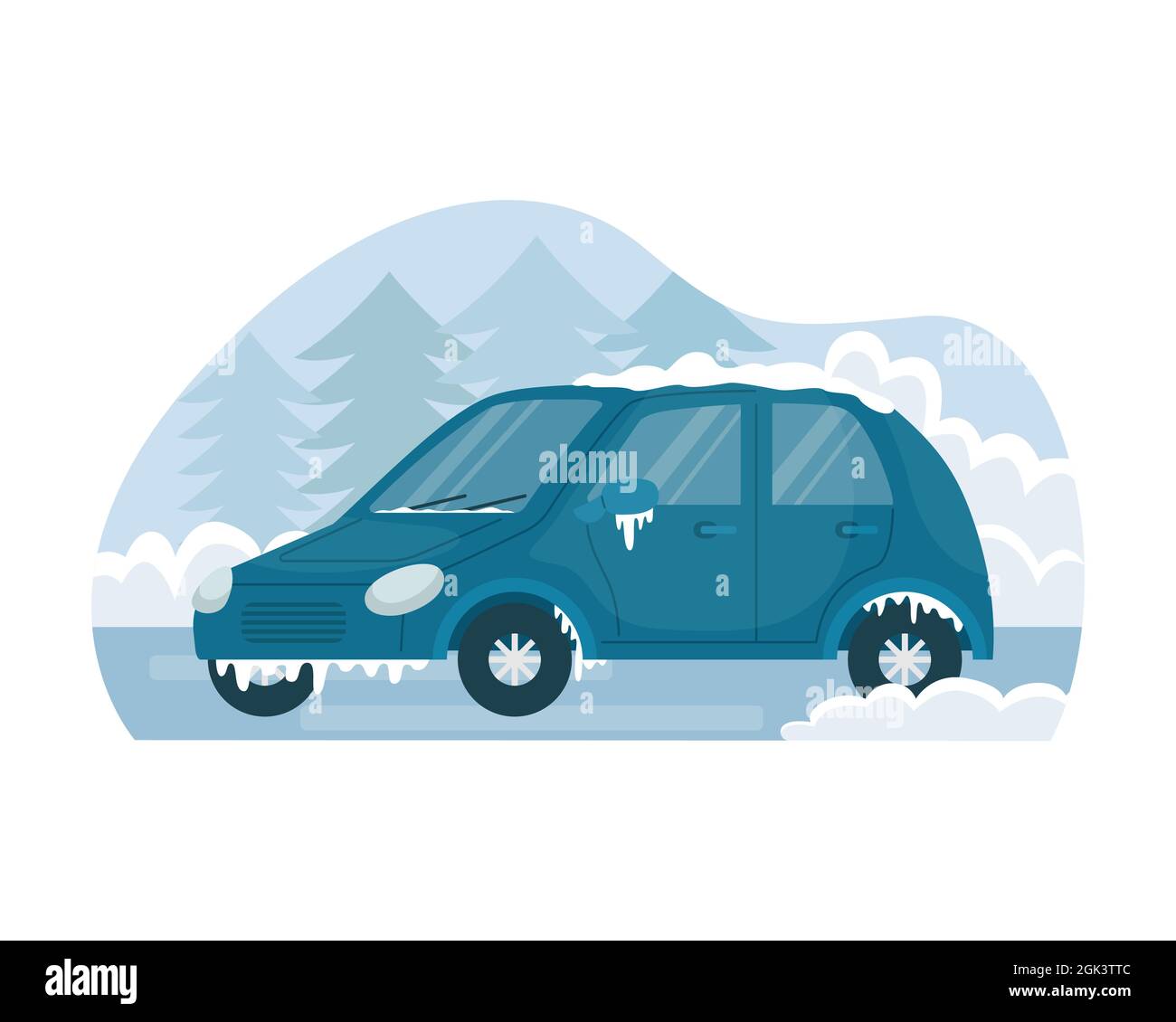 Vector illustration of a car frozen in winter on the street Stock ...