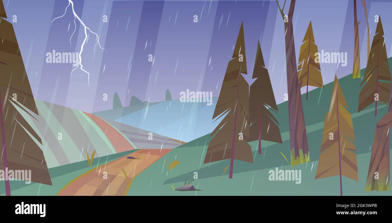 Thunderstorm landscape with rain and lightning.Vector cartoon ...